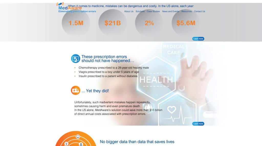 MedAware / ビッグデータを活用して、患者のプロフィールと処方薬をマッチングし、そこにミスマッチがあるとアラートして処方ミスを防ぐ ...